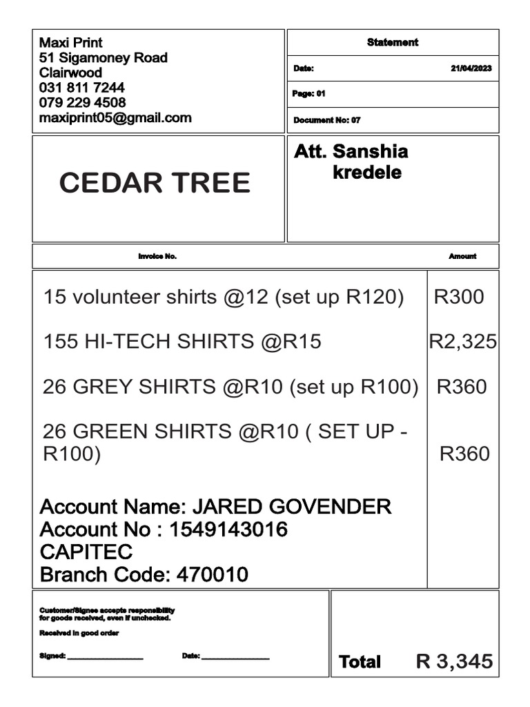 Invoice for Volunteer Shirts Order | PDF