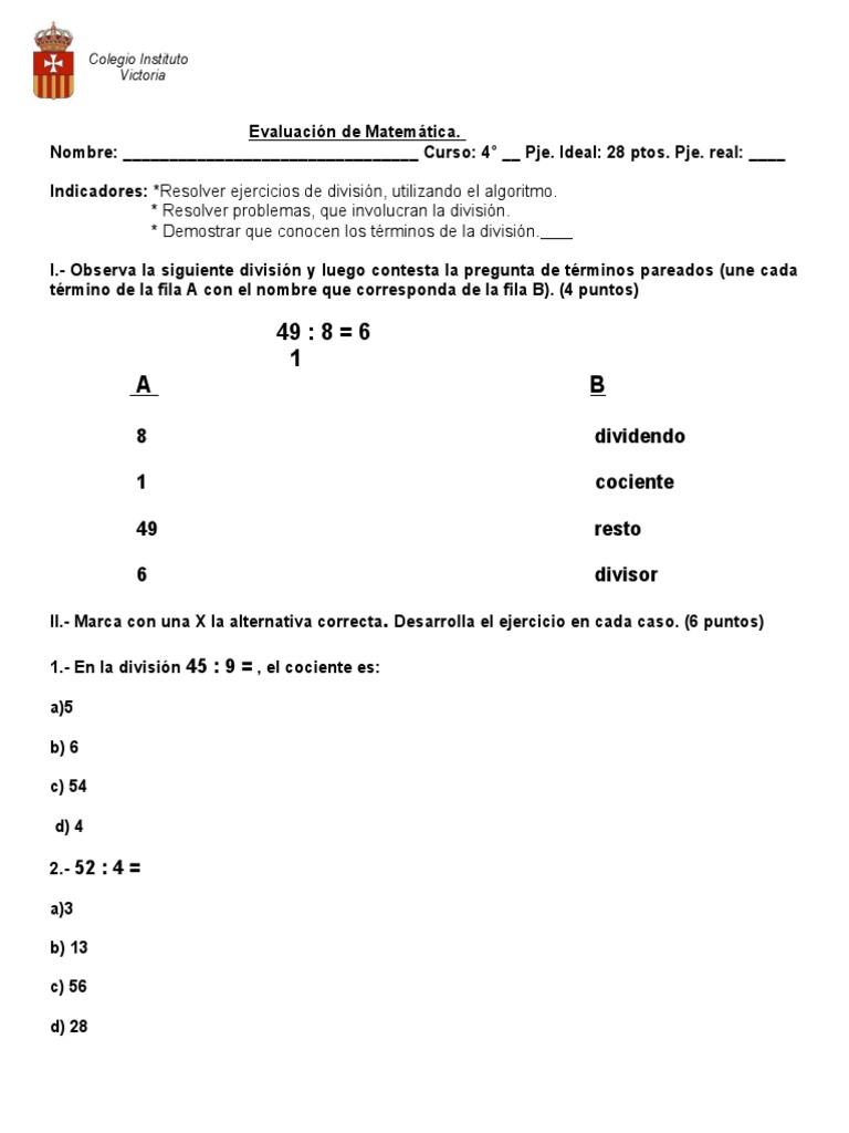 Prueba Divisiones 4° Básico | PDF