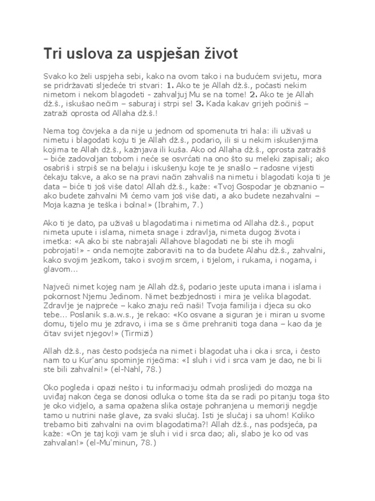 Tri Uslova Za Uspjesan Zivot | PDF