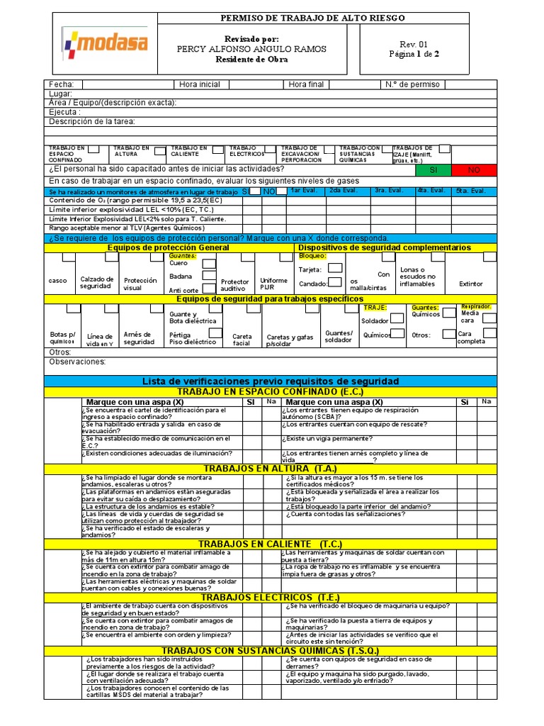 Permiso de Trabajo de Alto Riesgo | PDF