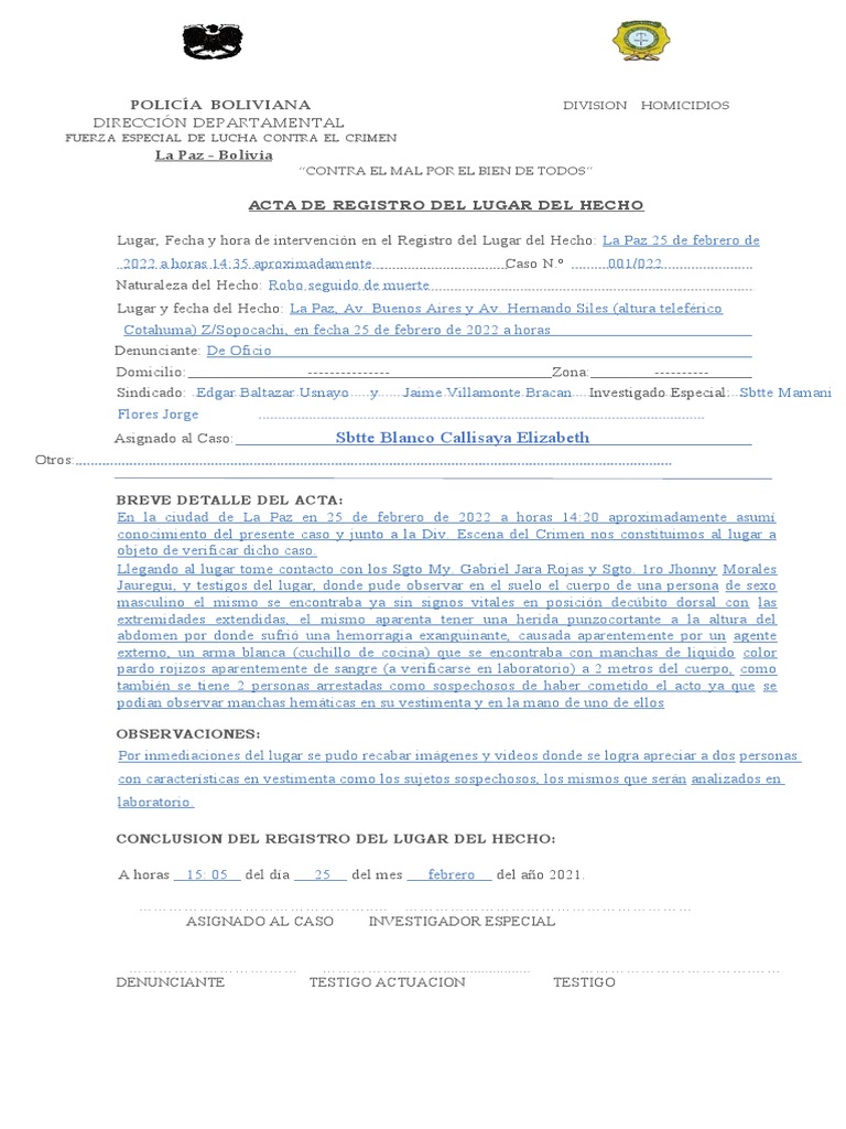Acta de Registro Del Lugar Del Hecho Modificado Eloy 22 | PDF
