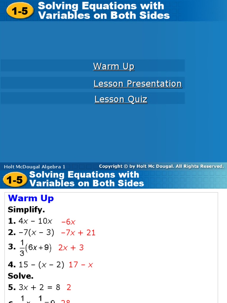 Warm Up Lesson Presentation Lesson Quiz: Holt Mcdougal Algebra 1 Holt ...
