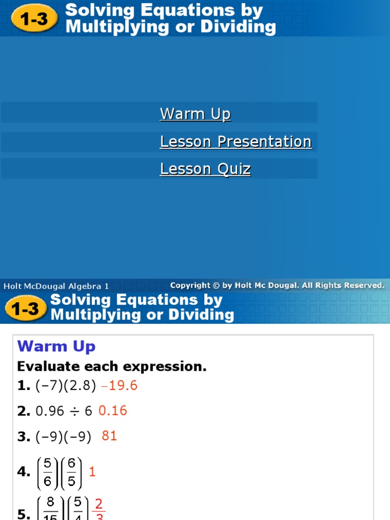 Warm Up Lesson Presentation Lesson Quiz: Holt Mcdougal Algebra 1 Holt ...