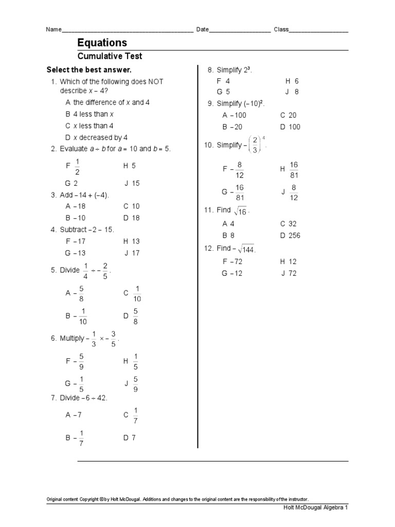 Cumulative Test | PDF | Equations | Ratio