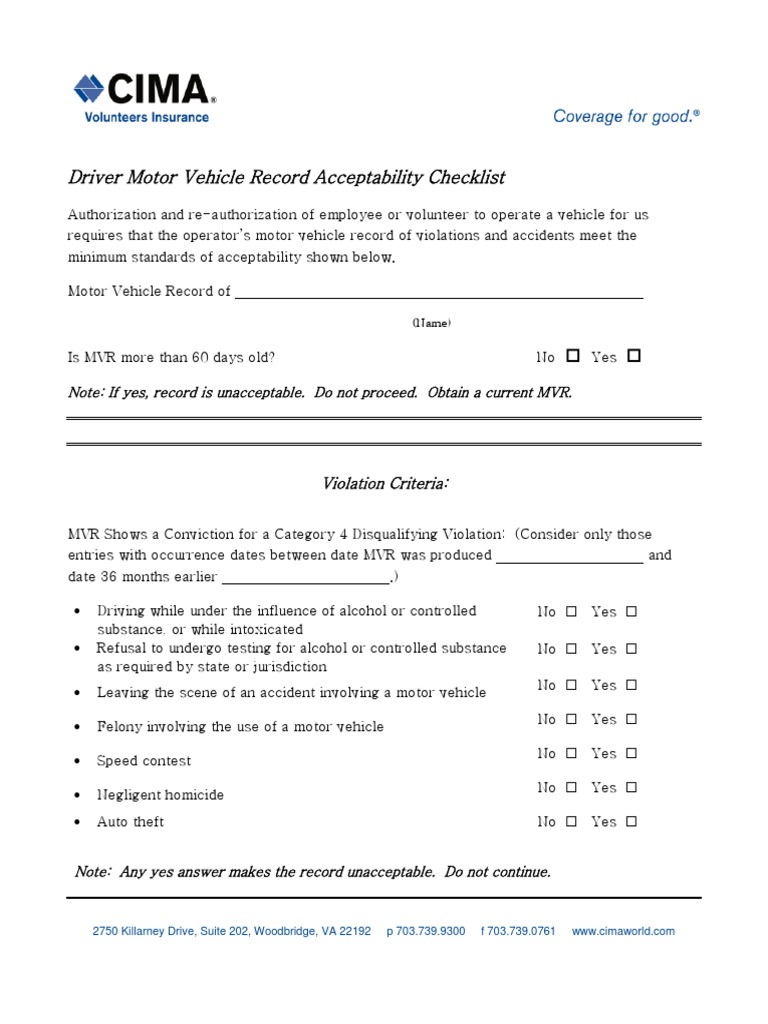 Vehicle Record Acceptability Checklist | PDF | Driving | Driving Under ...