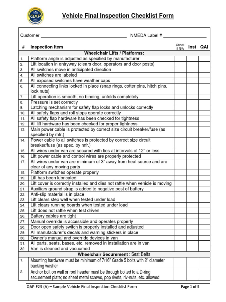 Vehicle Final Inspection Checklist | PDF | Door | Seat Belt