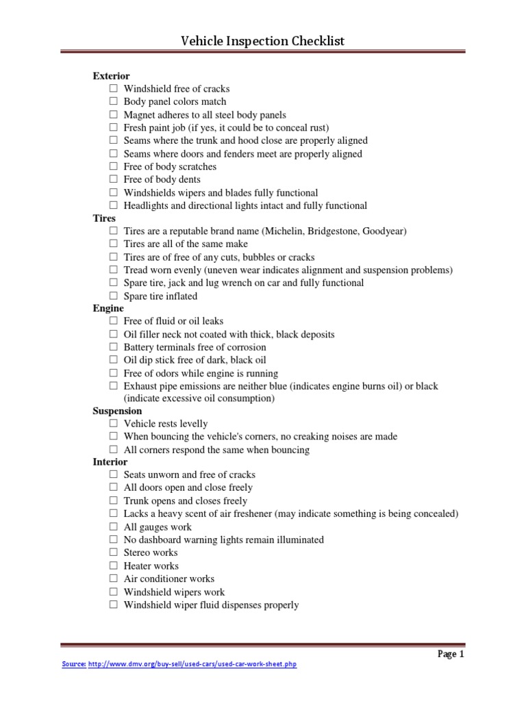 Vehicle Inspection Checklist | PDF | Manual Transmission | Tire