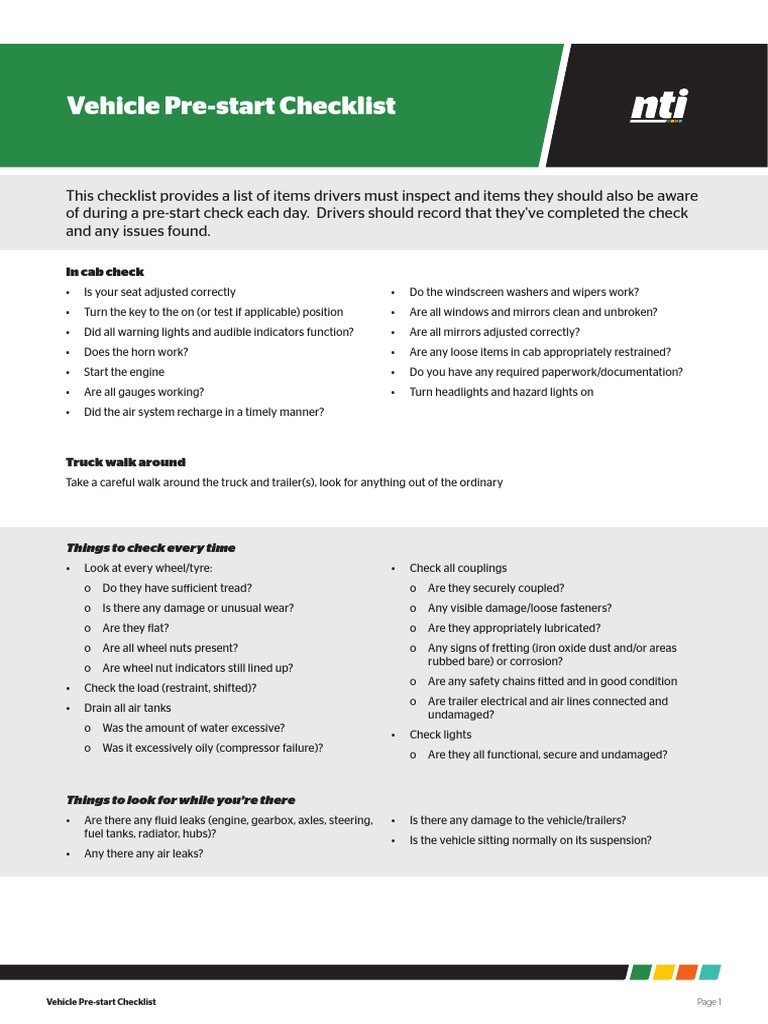 Vehicle Pre Start Checklist | PDF | Truck | Vehicles