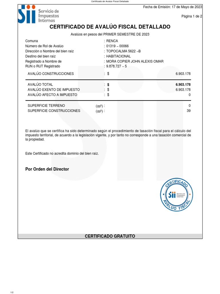 Certificado de Avaluo Fiscal Detallado | PDF