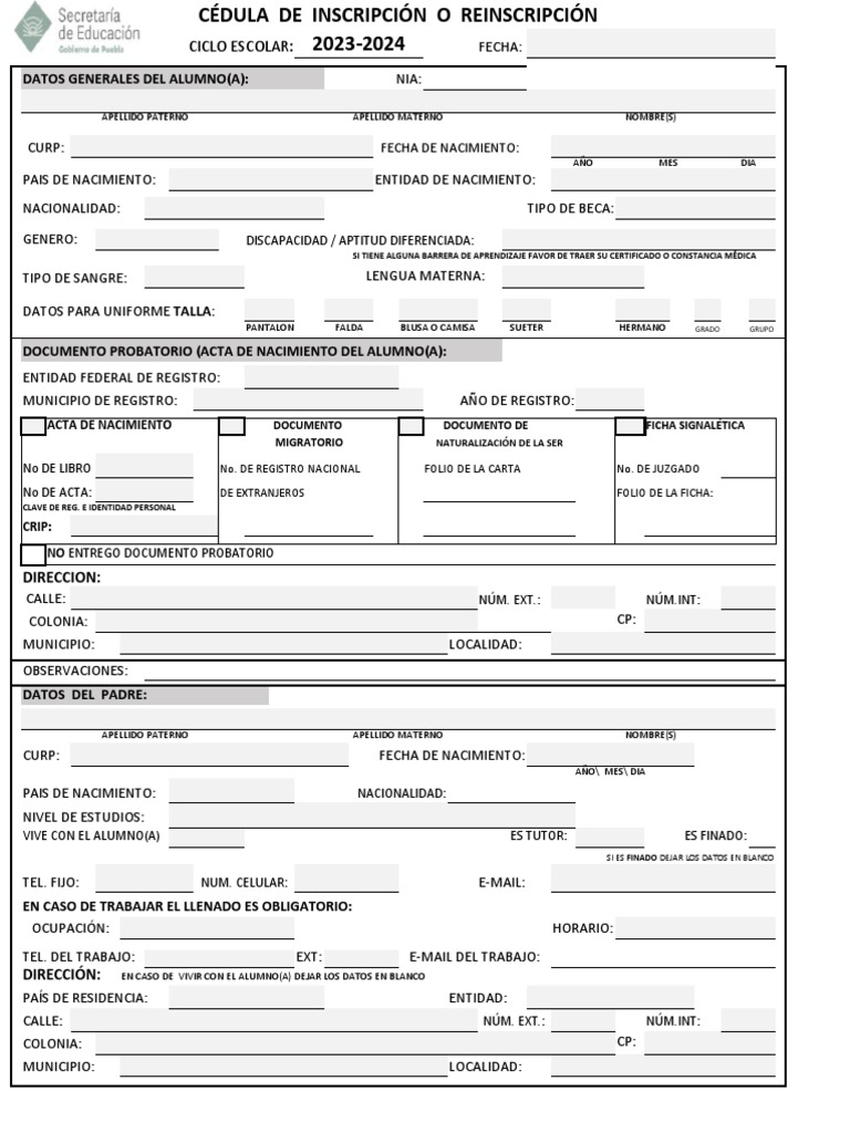 Cedula de Inscripcion 2023-2024 | Descargar gratis PDF | Certificado de nacimiento | Gobierno y ...