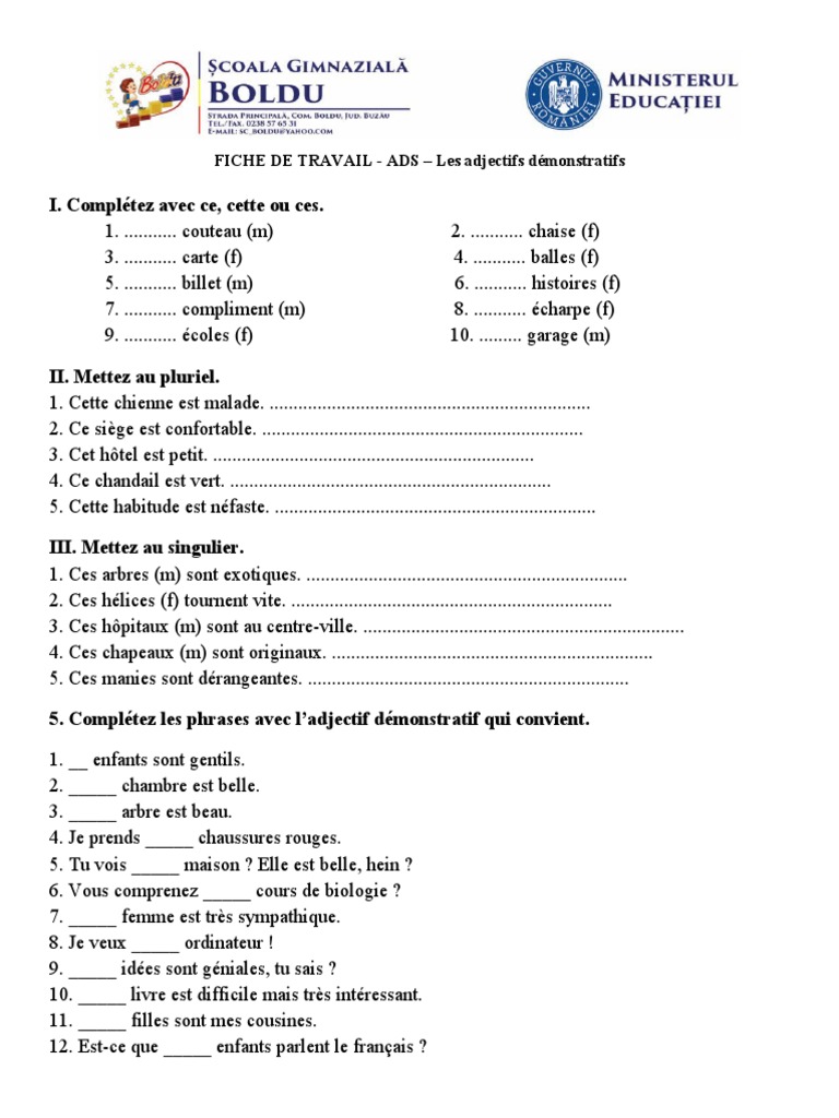 Fiche de Travail - Les Adjectifs Demonstratifs | PDF
