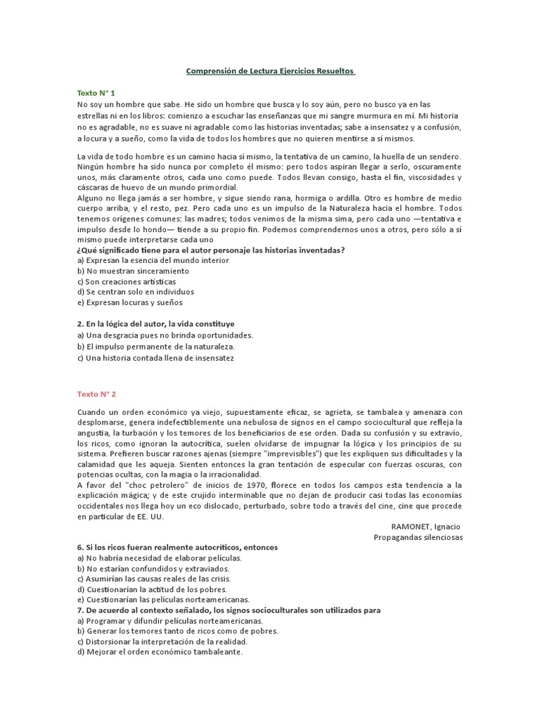 Comprensión de Lectura Ejercicios Resueltos | PDF