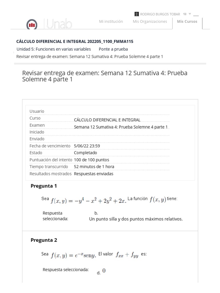Revisar Entrega de Examen - Semana 12 Sumativa 4 - Prueba M | PDF