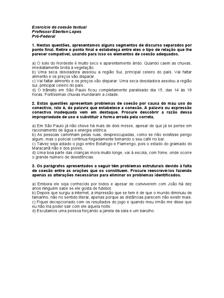Exercício de Coesão Textual | PDF Exercício de Coesão Textual | PDF