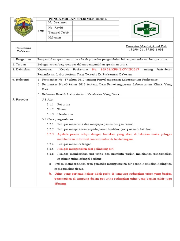 SOP Pengambilan Spesimen Urine | PDF