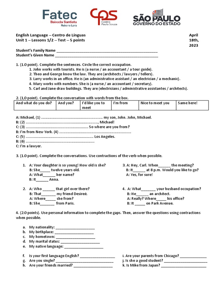 Unit 1 English Test: Lessons 1/2 | PDF | Language Arts & Discipline