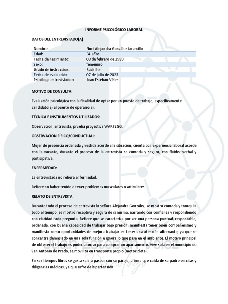 Informe Psicológico Alejandra Gonzalez | PDF | Sicología | Ciencias del comportamiento