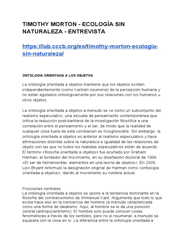 Timothy Morton - Ecología Sin Naturaleza Entrevista | PDF