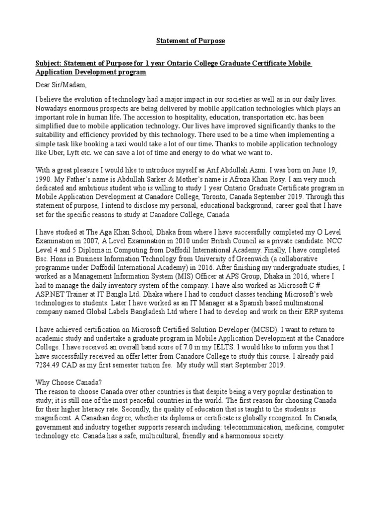 Statement of Purpose Subject: Statement of Purpose For 1 Year Ontario ...