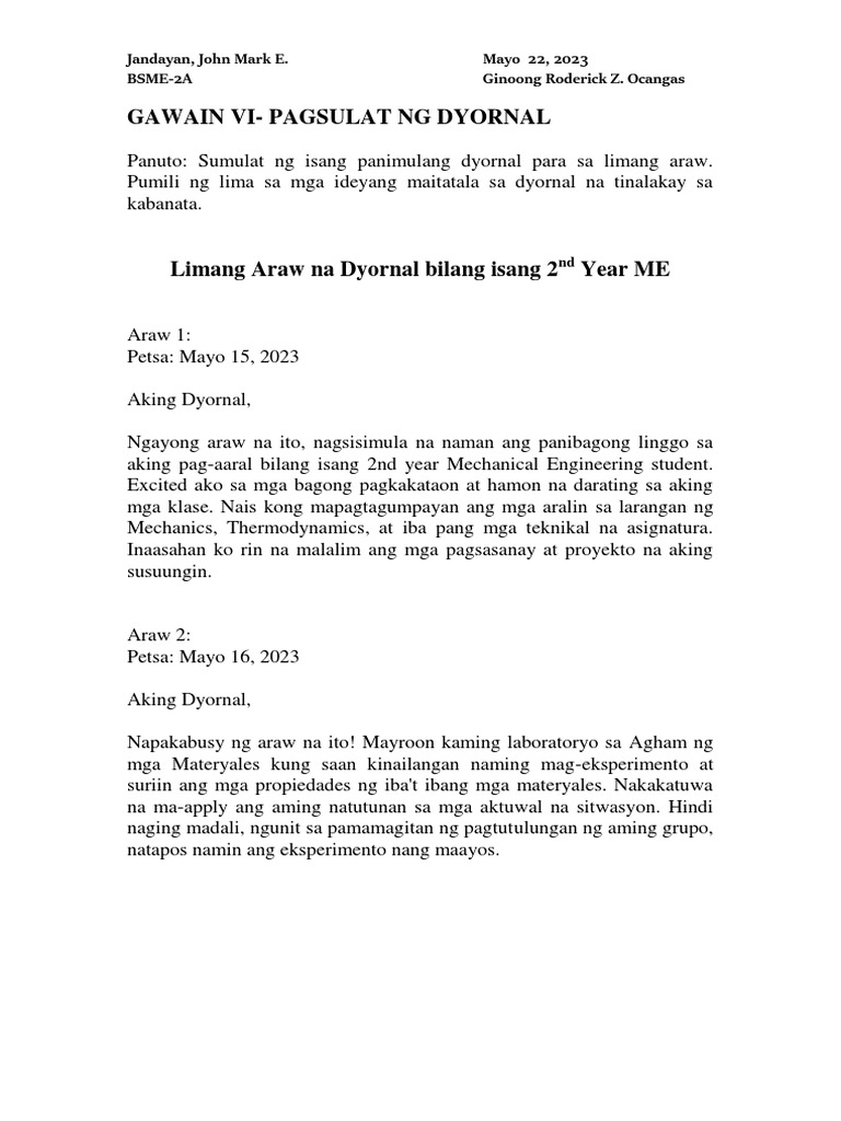 GAWAIN VI- PAGSULAT NG DYORNAL - JANDAYAN-ME-2A | PDF