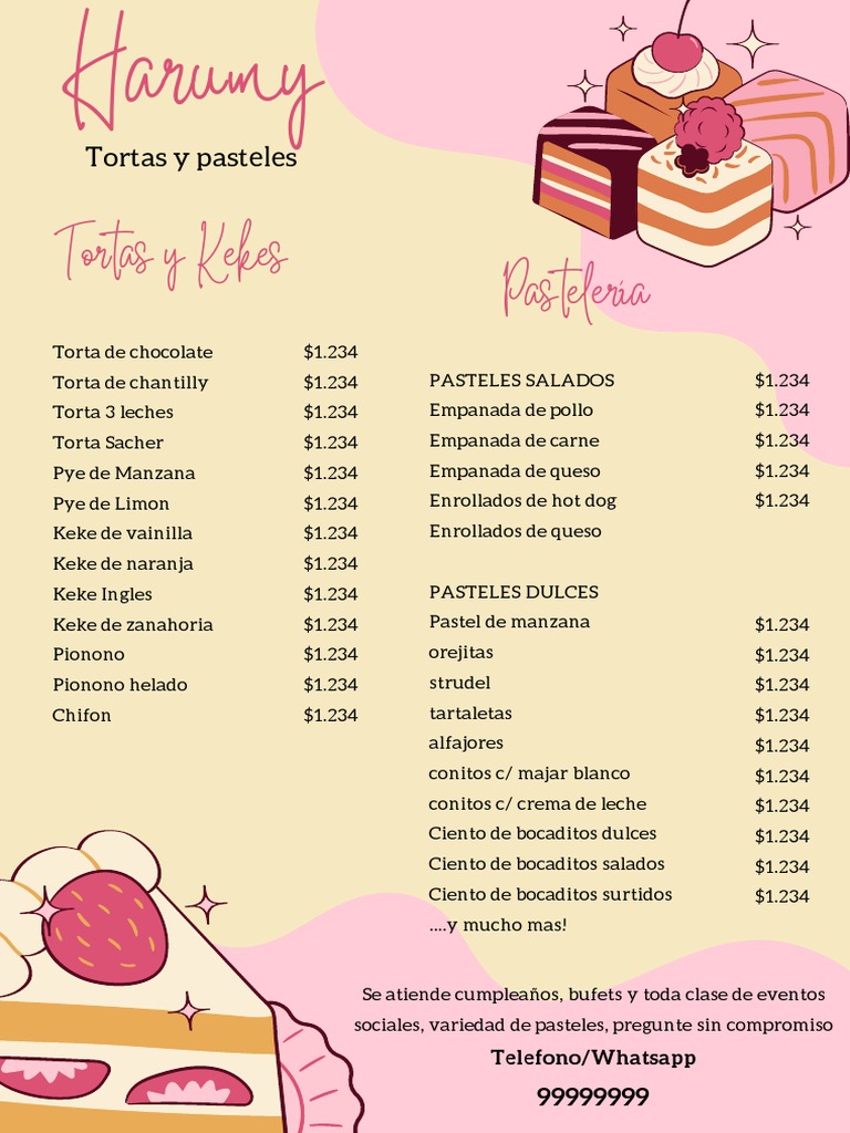 Menú Pastelería Ilustrado Rosa (2) | PDF | Pasteles | Cocina ...