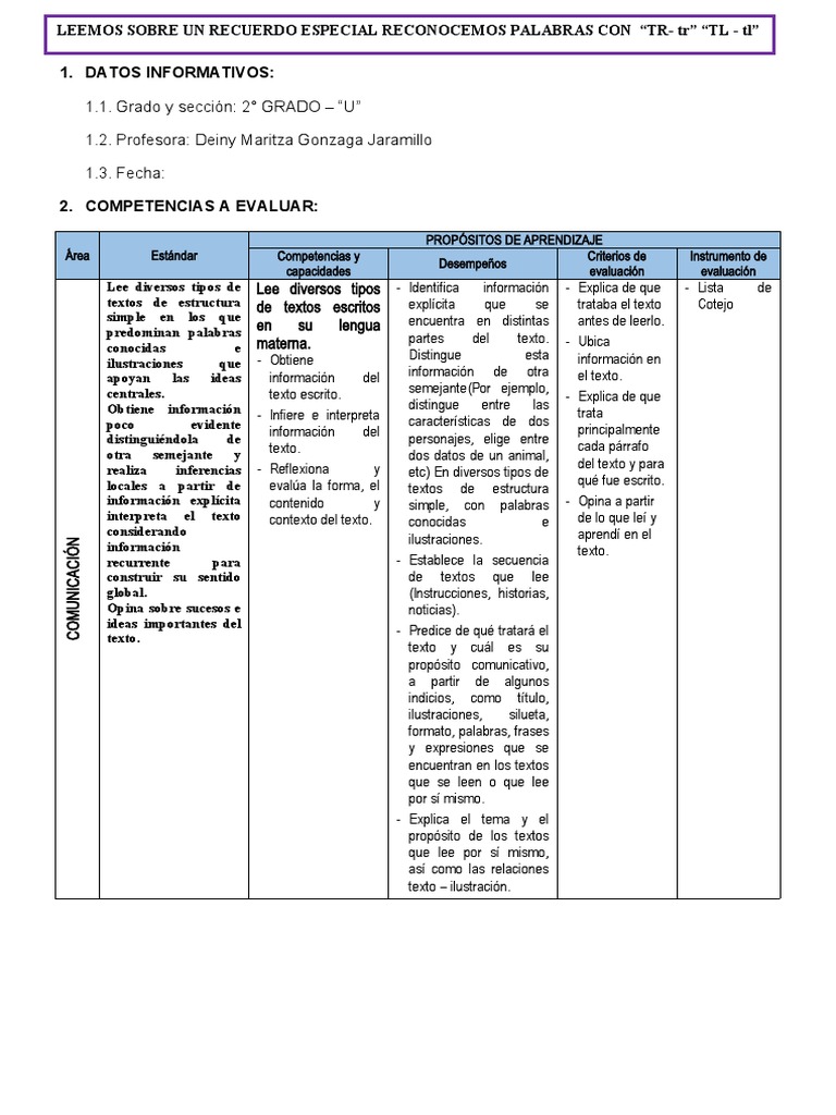 LEEMOS SOBRE UN RECUERDO ESPECIAL RECONOCEMOS PALABRAS CON "TR - TR" "TL - TL" | PDF