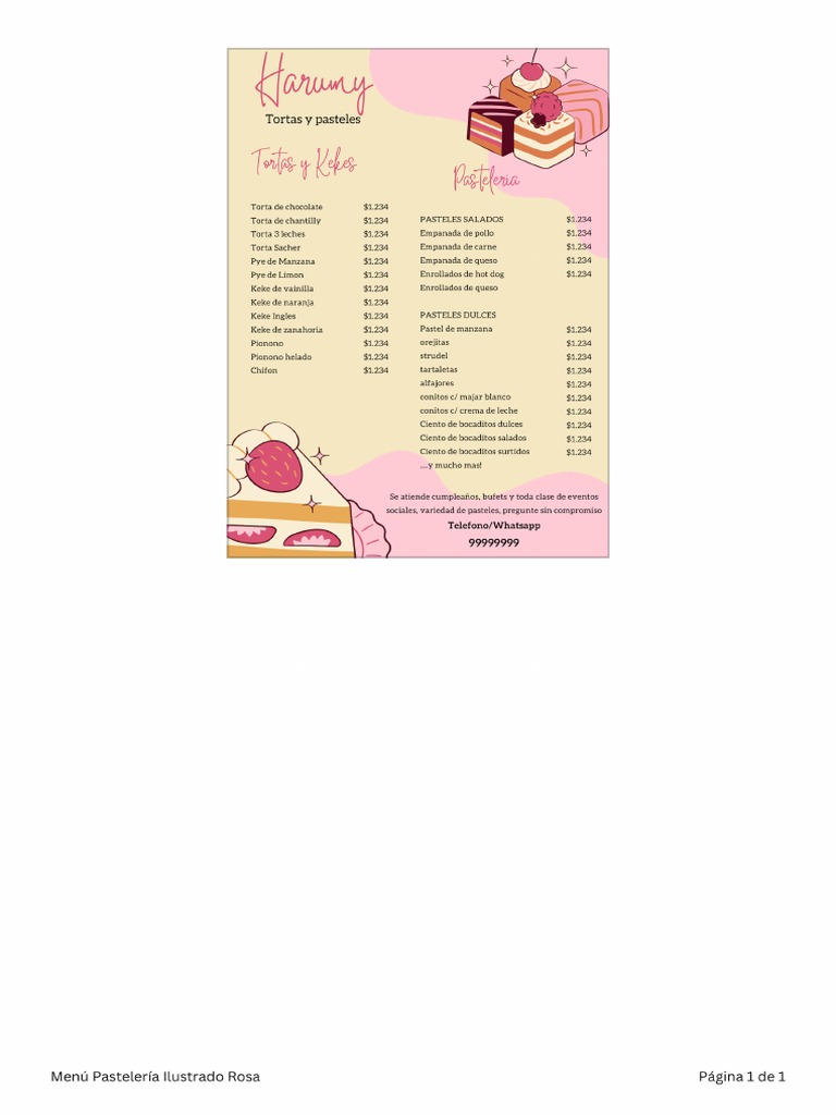 Menú Pastelería Ilustrado Rosa | PDF