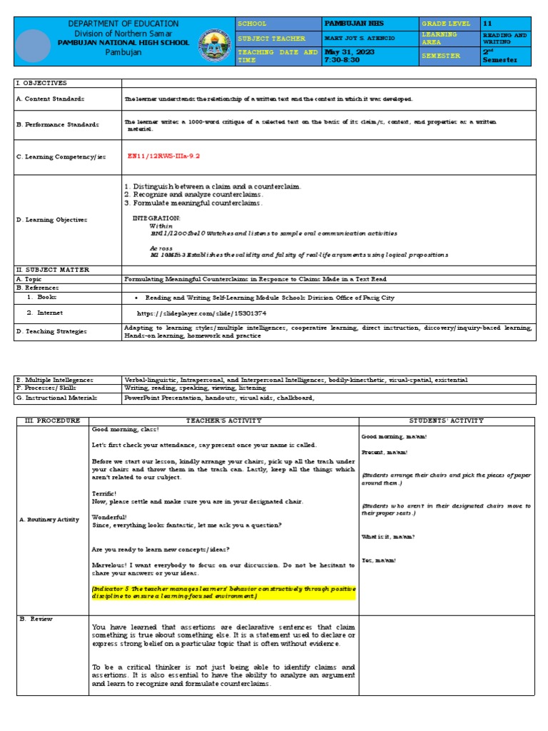 Understanding Claims and Counterclaims | PDF | Learning | Argument