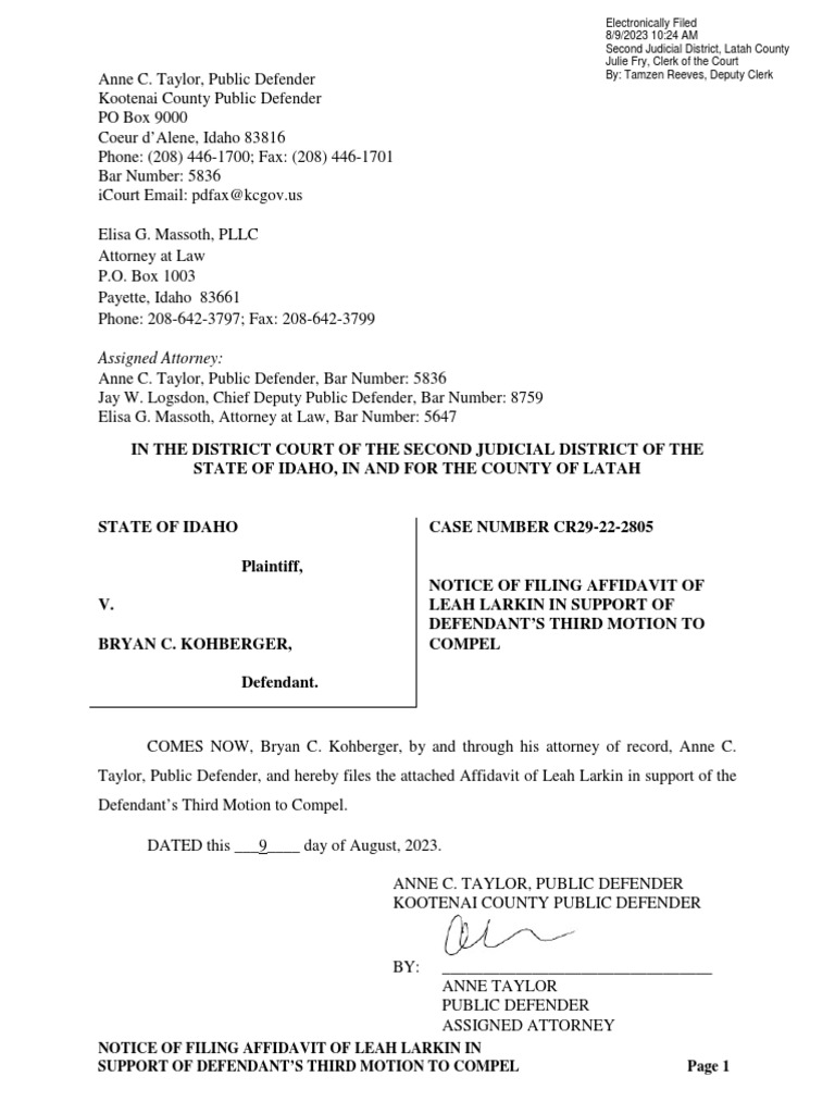 Notice Filing Affidavit Leah Larkin Support Defendants 3rd Motion ...