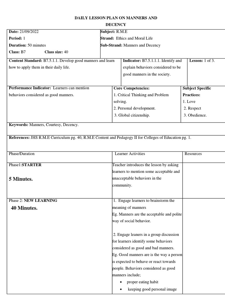 LESSON PLAN ON MANNERS g6 | Download Free PDF | Learning | Lesson Plan