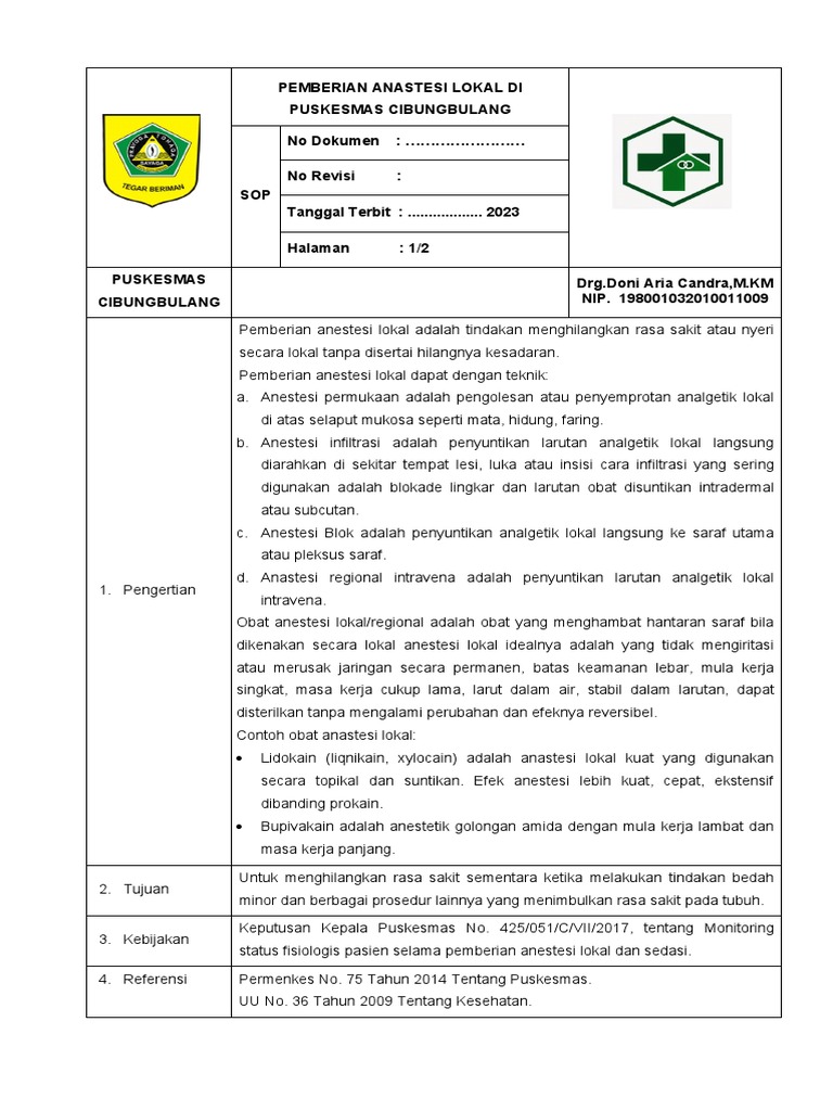 Prosedur Anestesi Lokal Puskesmas Cibungbulang | PDF