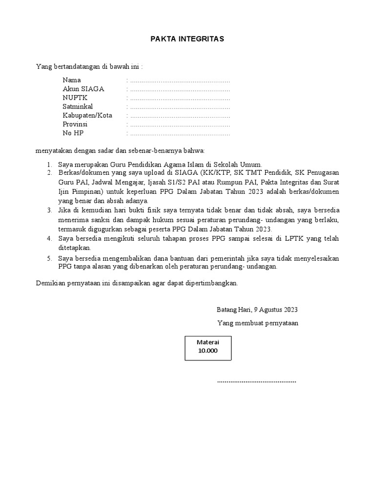 Pakta Integrits Calon PPG | PDF