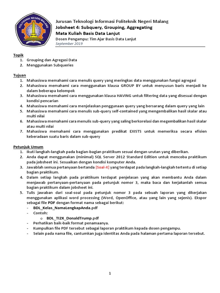 Jobsheet04-Subquery, Grouping, Aggregating | PDF | Bisnis | Teknologi ... Jobsheet04-Subquery, Grouping, Aggregating | PDF | Bisnis | Teknologi ...