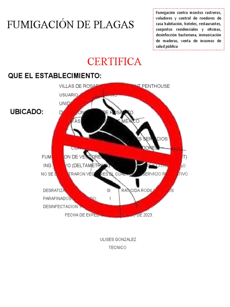 Certificado de Fumigación y Desratización | PDF