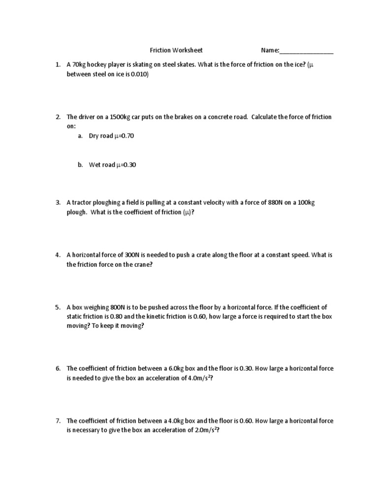 Force of Friction Worksheet | PDF