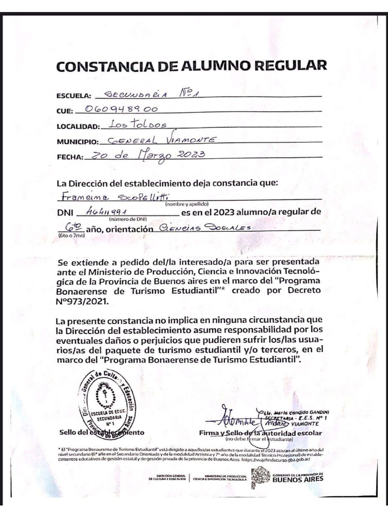 Constancia De Certificado Escolar