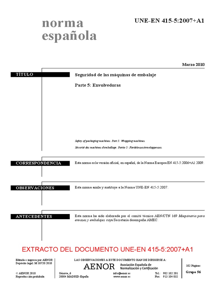 Norma UNE-EN 415-5: Seguridad en Envolvedoras | PDF | Factores humanos ...