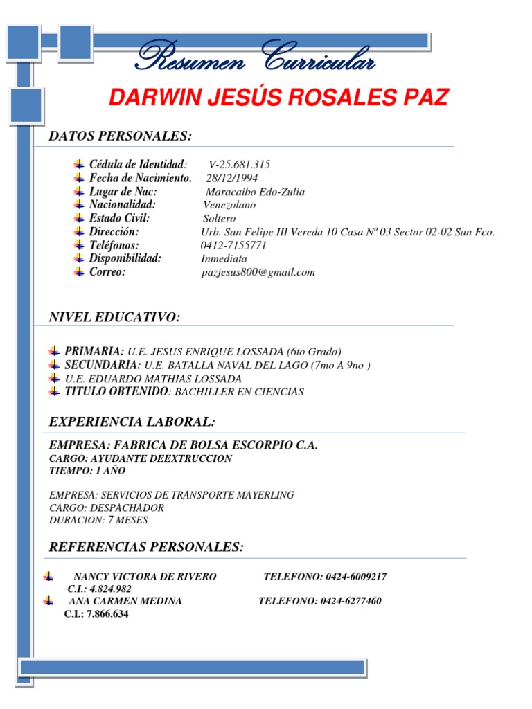Currículum de Darwin Jesús Rosales | PDF