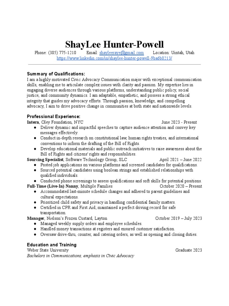 shaylee hunter resume 2023 | PDF | Communication