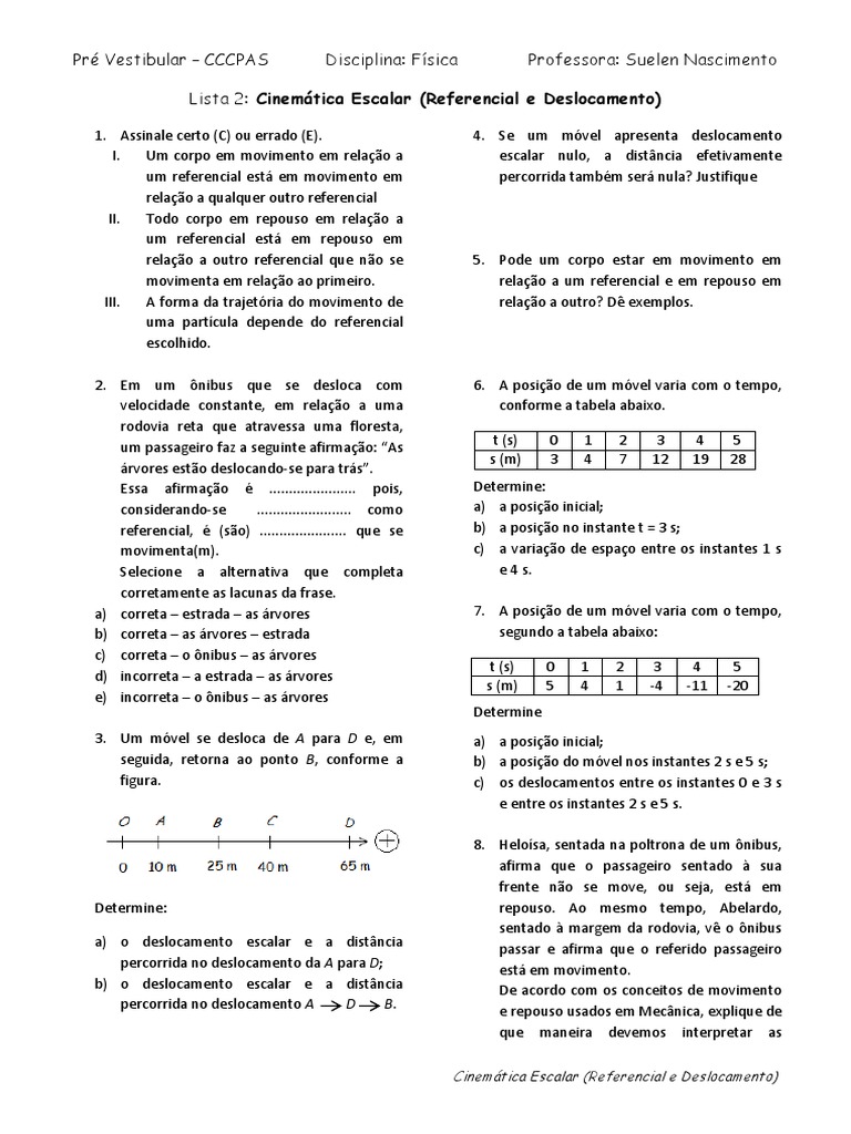 Lista 2 - Cinem - Tica Escalar (Referencial e Deslocamento) | PDF
