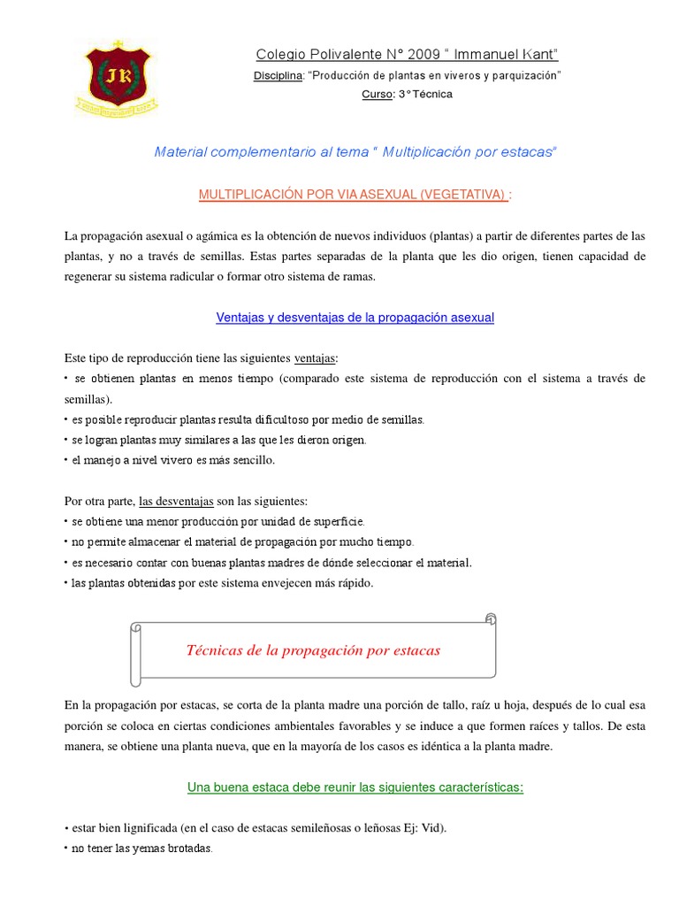 Material Complementario Al Tema " Multiplicación Por Estacas" | PDF | Plantas | Reproducción