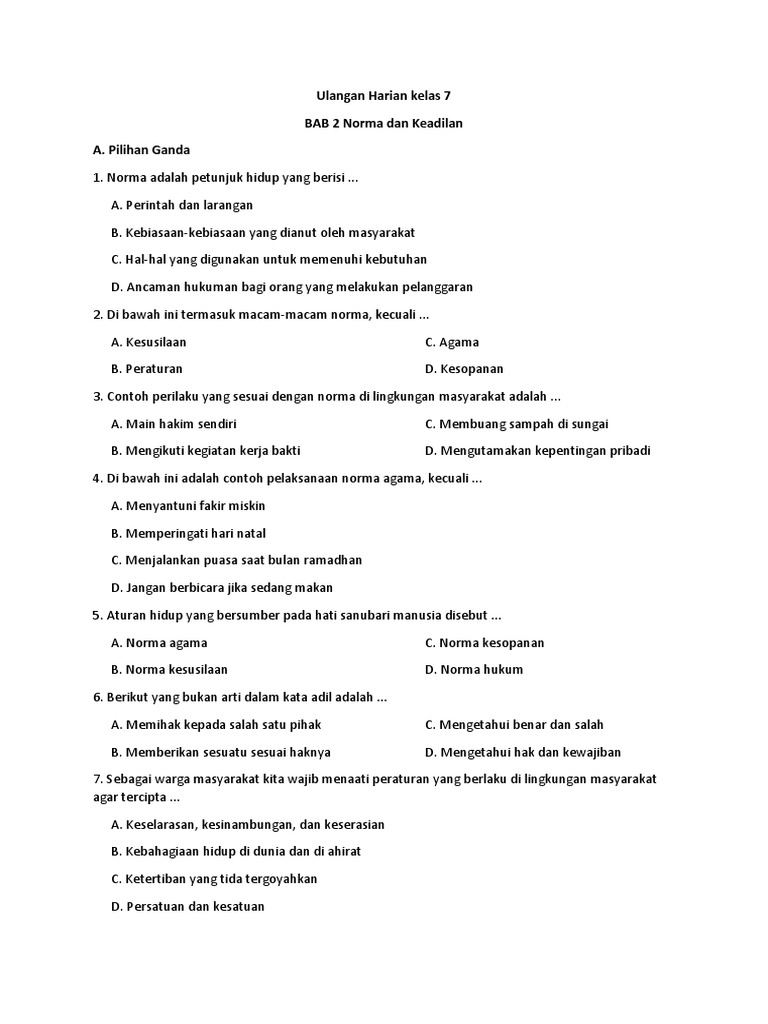 Ulangan Norma Dan Keadilan Kelas 7 | PDF