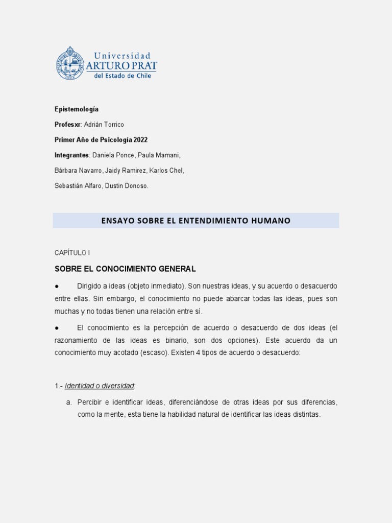 Epistemología. Ensayo sobre el entendimiento Humano de Locke, cap. 1 ...