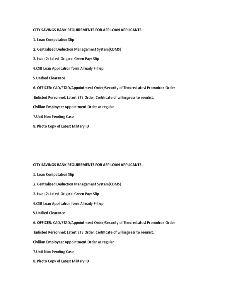 AFP Loan Requirements for City Savings | PDF | Finance & Money ...