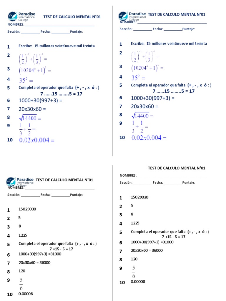 Test de Cálculo Mental N°01 | PDF
