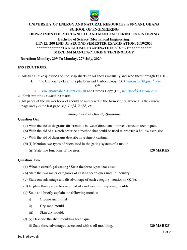 Mech 204 Takehome Exam 1 Of 2020 Pdf Casting Metals