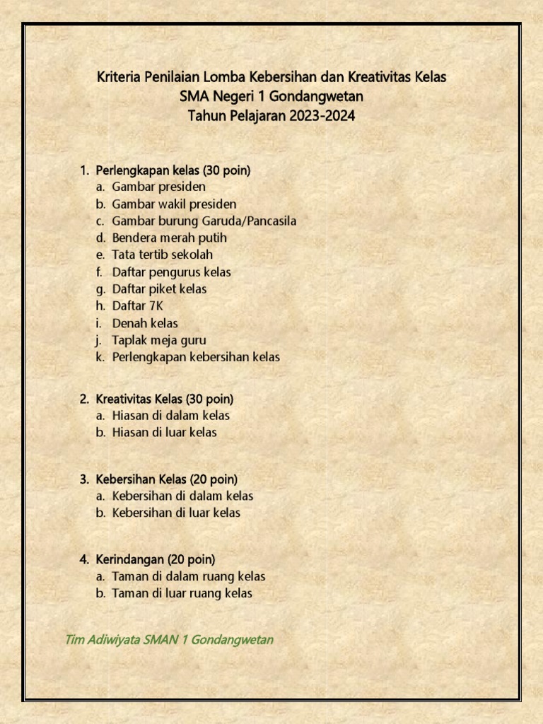 Kriteria Penilaian Lomba Kebersihan Dan Kreativitas Kelas | PDF