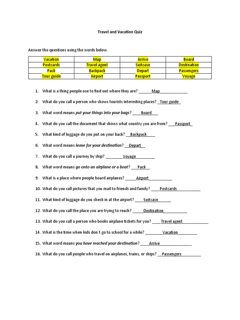 Travel and Vacation Quiz Worksheet | PDF | Foreign Language Studies