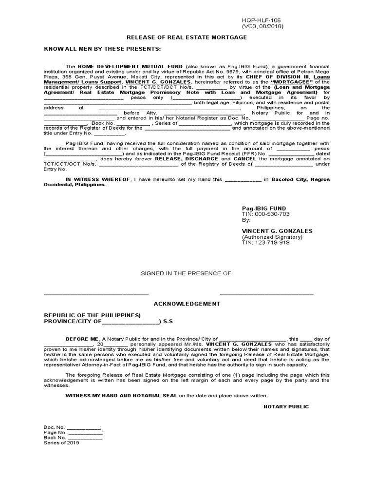 Release of Pag-IBIG Mortgage Document | PDF | Mortgage Loan | Loans