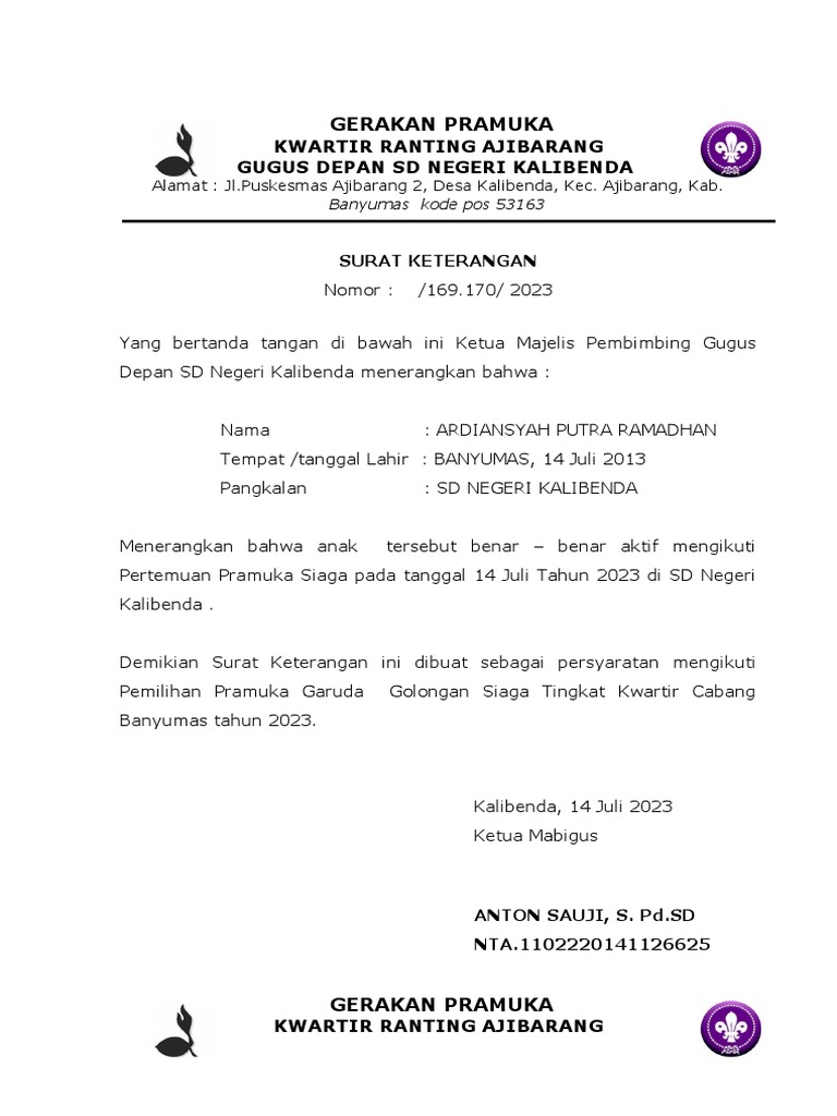 Contoh Surat Keterangan Gerakan Pramuka SD | PDF